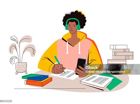 어두운 피부의 소녀는 학생 또는 여학생입니다 헤드폰 책 및 전화를 사용하여 숙제를 수행합니다 원격 교육 비디오 코스 메모하기 에세이 쓰기 교육 개념입니다 벡터 플랫