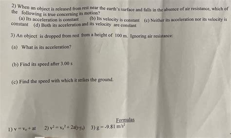 Solved 2 When An Object Is Released From Rest Near The