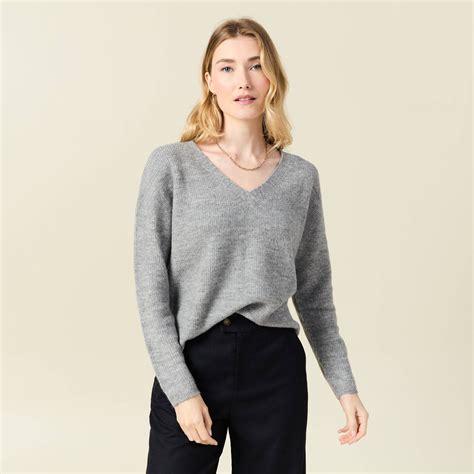 Pull Manches Longues Col En V Gris Clair Femme Vibs