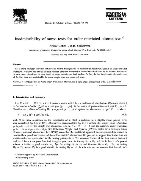 Pdf Inadmissibility Of Some Tests For Order Restricted Alternatives