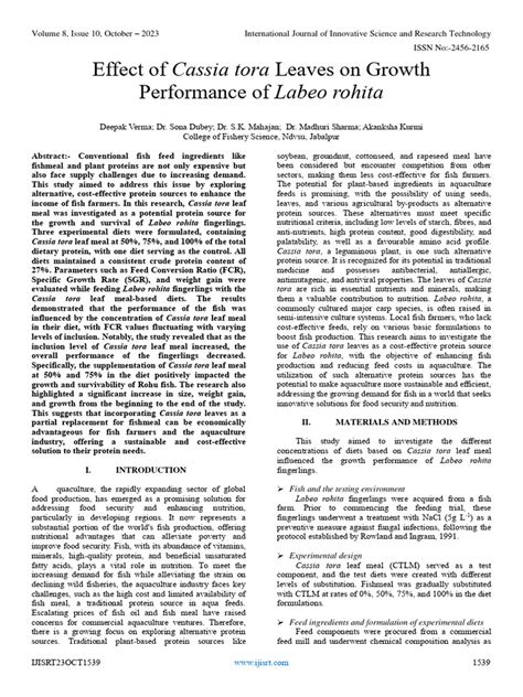 Effect Of Cassia Tora Leaves On Growth Performance Of Labeo Rohita Pdf