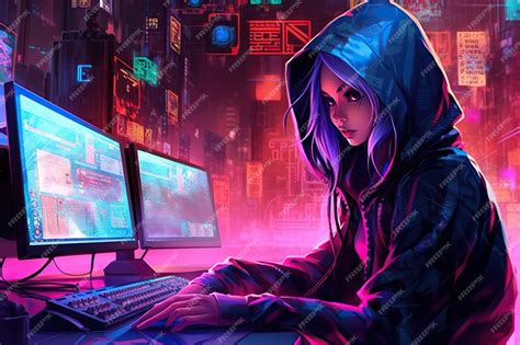 Premium Photo Beautiful Cyberpunk Anime Girl Hacker Illustration Generative Ai