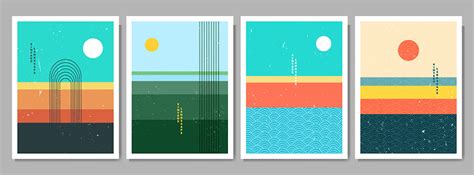 벡터 일러스트레이션 추상적 인 현대 미적 배경 평평한 풍경 하늘의 태양 포스터 엽서 초대 카드 전단지 브로셔 커버를위한 디자인 방 벽 장식 선형 패턴 바우하우스에 대한 스톡
