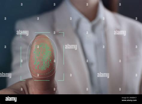 Businesswoman Using Biometric Fingerprint Scanner Closeup Space For