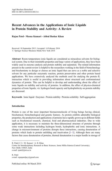 Pdf Recent Advances In The Applications Of Ionic Liquids In Protein