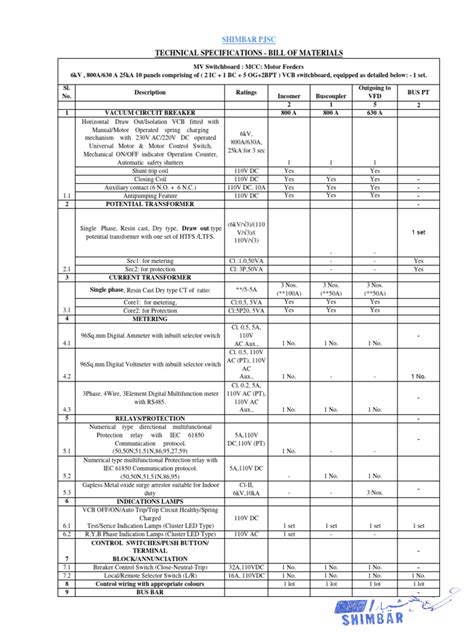 12 Bom For Mv Switchgear Pump Station 2nd Lift Pdf Switch