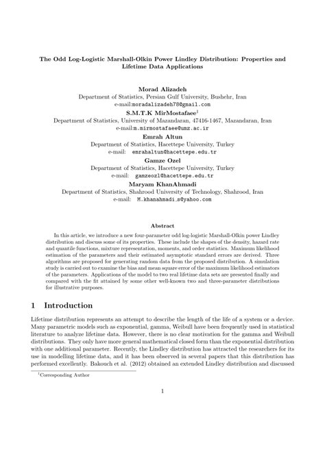Pdf The Odd Log Logistic Marshall Olkin Power Lindley Distribution Properties And Lifetime