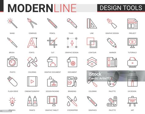 아트 디자인 도구 플랫 씬 레드 블랙 라인 아이콘 벡터 일러스트 레이션 세트 디자이너 픽토그램 공정 장비의 전문 창조적 인 예술 스튜디오 항목 컬렉션을 윤곽 로고에 대한