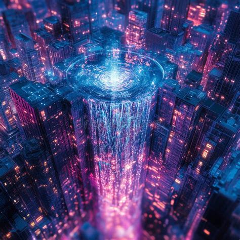 Futuristic Cityscape With Glowing Energy Portal And Vibrant Data Streams Emanating From A