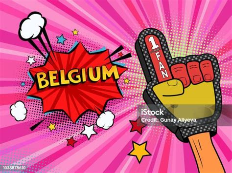스포츠 장갑 벨기에 국가 깃발의 승리를 축 하 하 제기에 남성 손 팬 별과 구름과 벨기에 연설 거품이 있다입니다 벡터 화려한 팬 일러스트 레이 션 경쟁에 대한 스톡 벡터