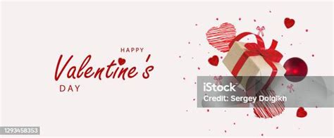 해피 발렌타인 데이 웹 사이트의 수평 배너 헤더 템플릿 낭만적인 디자인 요소 선물 상자 반짝이는 색종이가 흩어져 있는 하트 필기 서예 문자 2월에 대한 스톡 벡터 아트 및