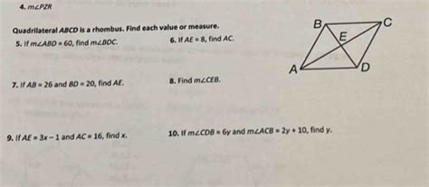 Solved M∠ Pzr Quadrilateral Abcd Is A Rhombus Find Each Value Or Measure 5 If M∠ Abd 60