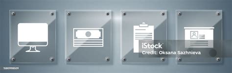 이력서 문서 스택 지폐 현금 및 컴퓨터 모니터 화면이 있는 게시판을 설정합니다 정사각형 유리 패널 벡터 고용과 노동에 대한 스톡 벡터 아트 및 기타 이미지 Istock