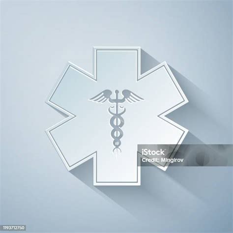 종이 컷 비상 스타 회색 배경에 고립 된 스틱 아이콘 의료 기호 Caduceus 뱀 생명의 별 종이 아트 스타일입니다 벡터