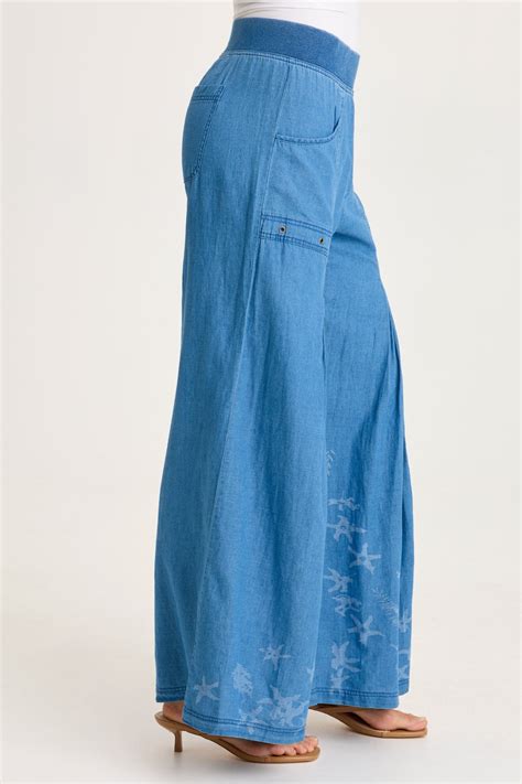 Xcvi Jerona Printed Indigo Twill Double Pleated Wide Leg Pant