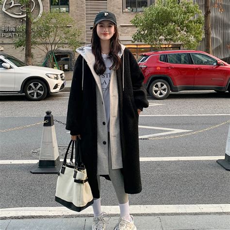 봄신상 롱코트 겨울코트 페이크 후드 레이어드 퍼자켓 뽀글이 양털후리스 블랙 아우터 싱글 봄코트형원피스 20대 오버핏 빅사이즈