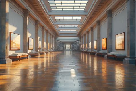 Empty Art Gallery Hallway With Sunlight Streaming Through Skylights