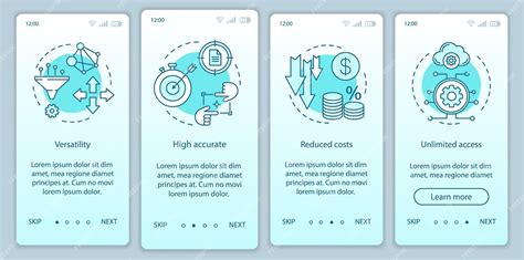 선형 개념으로 모바일 앱 페이지 화면을 온보딩하는 기술의 이익 다용도 정확 오픈 액세스 연습 단계 그래픽 지침 일러스트와