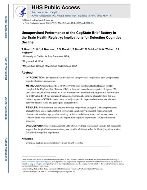 Pdf Unsupervised Performance Of The Cogstate Brief Battery In The Brain Health Registry