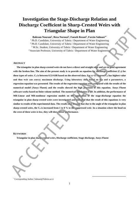 pdf investigation the stage discharge relation and discharge