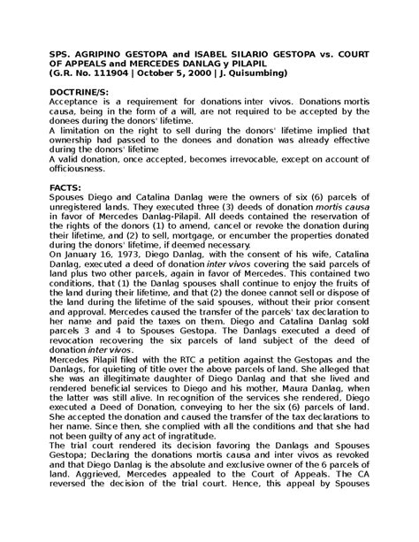 Sps Gestopa Vs Ca Sps Agripino Gestopa And Isabel Silario Gestopa Vs Court Of Appeals And