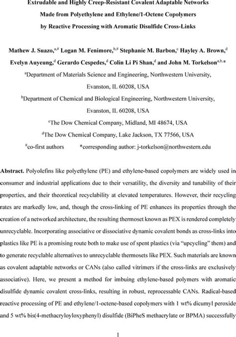 Extrudable And Highly Creep Resistant Covalent Adaptable Networks Made