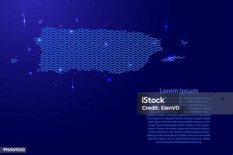 푸에르토리코 지도 국가 추상 실루엣 물결 모양의 파란색 공간 정현파 라인과 빛나는 별에서 창의적인 발광 곡선의 윤곽 상태입니다 벡터 일러스트입니다 0명에 대한 스톡 벡터