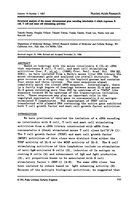 Pdf Structural Analysis Of The Mouse Chromosomal Gene Encoding Interleukin 4 Which Expresses B