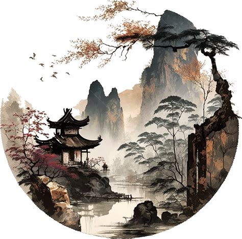 중국풍경 수채화 중국어 보기 그림 높은 산 고전 예술의 상업 허가 중국 잉크 및 수채화 그림을 얻기 위해 프리미엄 구매 중국 수묵화와 수채화 Png 일러스트 및 Psd