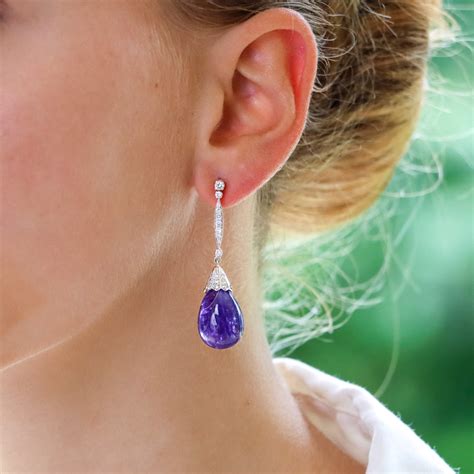 Cabochon Tanzanite And Diamond Drop Earrings In White Gold At Susannah