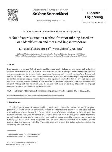 Pdf A Fault Feature Extraction Method For Rotor Rubbing Based On Load Identification And