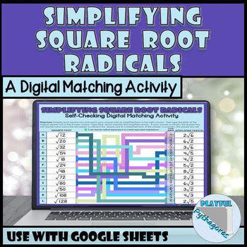 Simplify Square Root Radicals Self Checking Digital Matching Activity