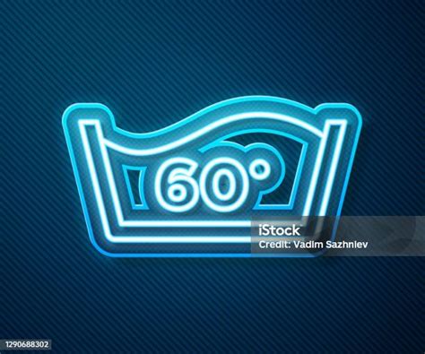 빛나는 네온 라인 파란색 배경에 고립 된 섭씨 60도 이하의 아이콘을 씻습니다 온도 세척 벡터 60에 대한 스톡 벡터 아트 및