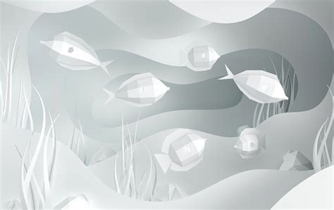 종이 수 중 물고기 돌 조류 파도 해저 바다 동굴 종이 컷 깊은 스타일의 3d 렌더링 깊은 해양 생물 다이빙 개념입니다 오션 와일드 라이프 0명에 대한 스톡 사진 및 기타