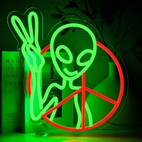Pmcvyh Green Alien Neon Sign For Wall Decor Peace Hands Led Signs For