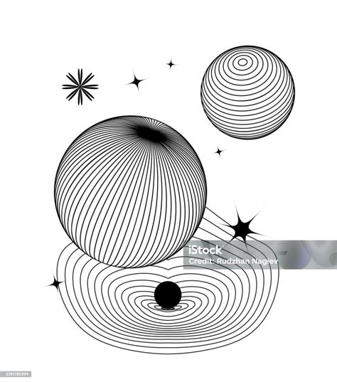 추상 벡터 일러스트 레이 션은 동심원 라인 구체 별 및 잔물결 패턴을 특징으로합니다 현대 미술 우주를 테마로 한 디자인 및