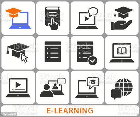 E러닝 거리 교육 아이콘입니다 졸업 캡 훈련 노트북의 설정 온라인 웹 세미나 기호를 학습 벡터 일러스트 레이 션 흰색 절연 그래픽 및 웹 디자인에 대 한 간단한 무늬입니다