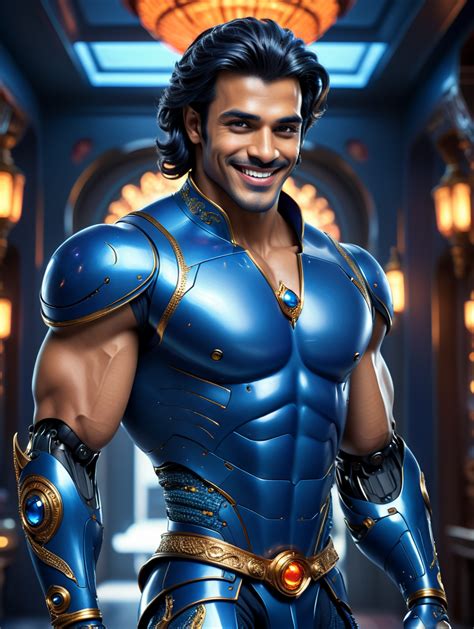 Premium Free Ai Images Futuristic Handsome Aladdin Genie Smiling Masculine Hairdo Full Body