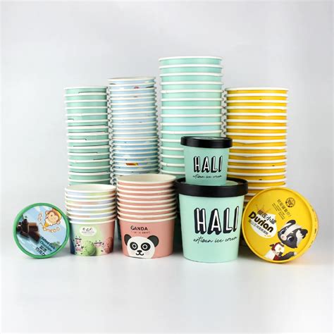 핫 프로모션 사용자 정의 고품질 인쇄 일회용 아이스크림 종이 컵 아이스크림 컵 뚜껑 플라스틱 숟가락