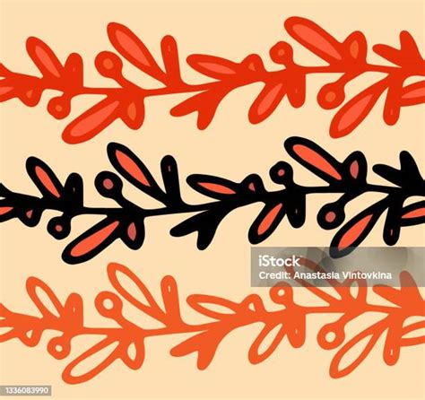 열매와 나뭇 가지로 만든 원활한 템플릿의 벡터 세트 디자인 템플릿을 위해 오렌지 색 잎과 빨간색 열매가 있는 낙서 스타일로 그려진 가을 나뭇가지로 만들어진 가로 줄무늬