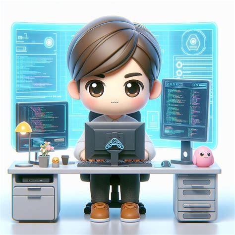 Software Developer Coding At A Futuristic Workstation With Holographic Display Cute Chibi 3d