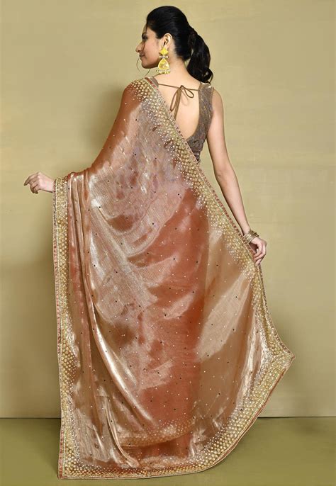 Buy Hand Embroidered Organza Saree In Peach Online Seh4670 Utsav