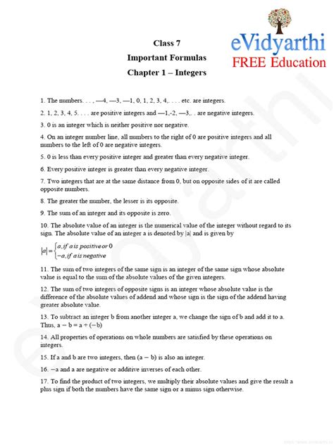 Class 7 Chapter 1 Maths Important Formulas Pdf Integer Multiplication