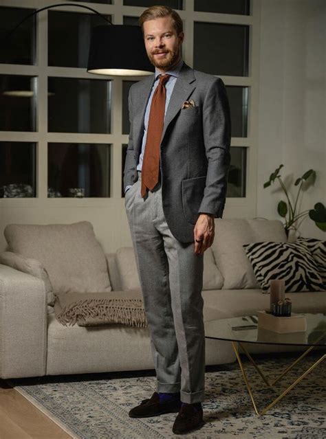 Charcoal Blazer Navy Striped Shirt Orange Tie Grey Dress Pants