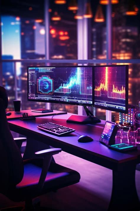 Futuristic Hacker Workspace With Multiple Monitors And Neon Lights