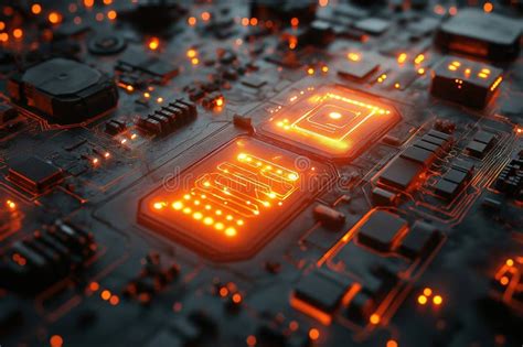 Intricate Details Of A Glowing Circuit Board With Orange Lights At Close Range Stock