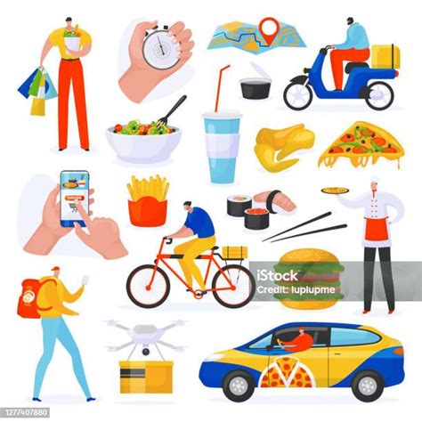 흰색 벡터 일러스트레이션에 고립 된 음식 배달 서비스 세트 패스트 푸드 주문 배송 모바일 앱택배 자전거에 피자를 제공합니다 가공의 인물에 대한 스톡 벡터 아트 및 기타