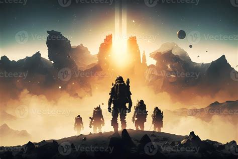 Futuristic Scene With Astronauts In Space Exploring A Planet Neural