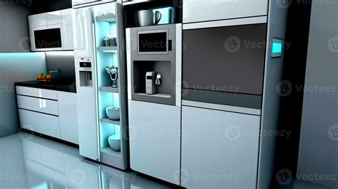 Kitchen With Smart Appliances With Display Screen And A Smart Oven With Voice Controlled
