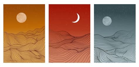 산 라인 아트 인쇄 추상 산 현대 미적 배경 풍경입니다 산 숲 바다 스카이 라인 파도 벡터 일러스트 프리미엄 벡터